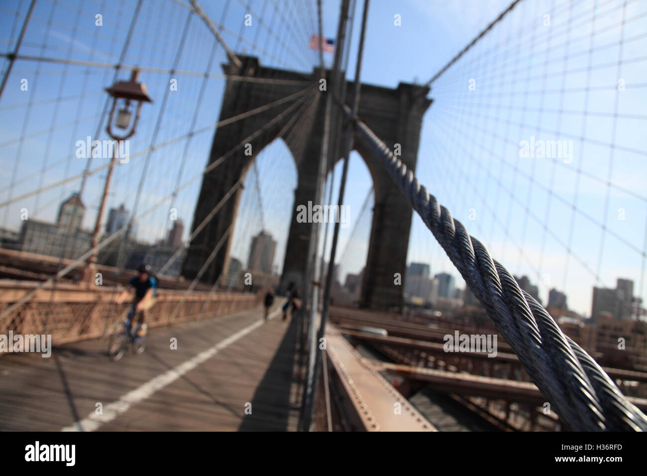 Suspension steel cables of Brooklyn Bridge with the Neo-Gothic bridge ...