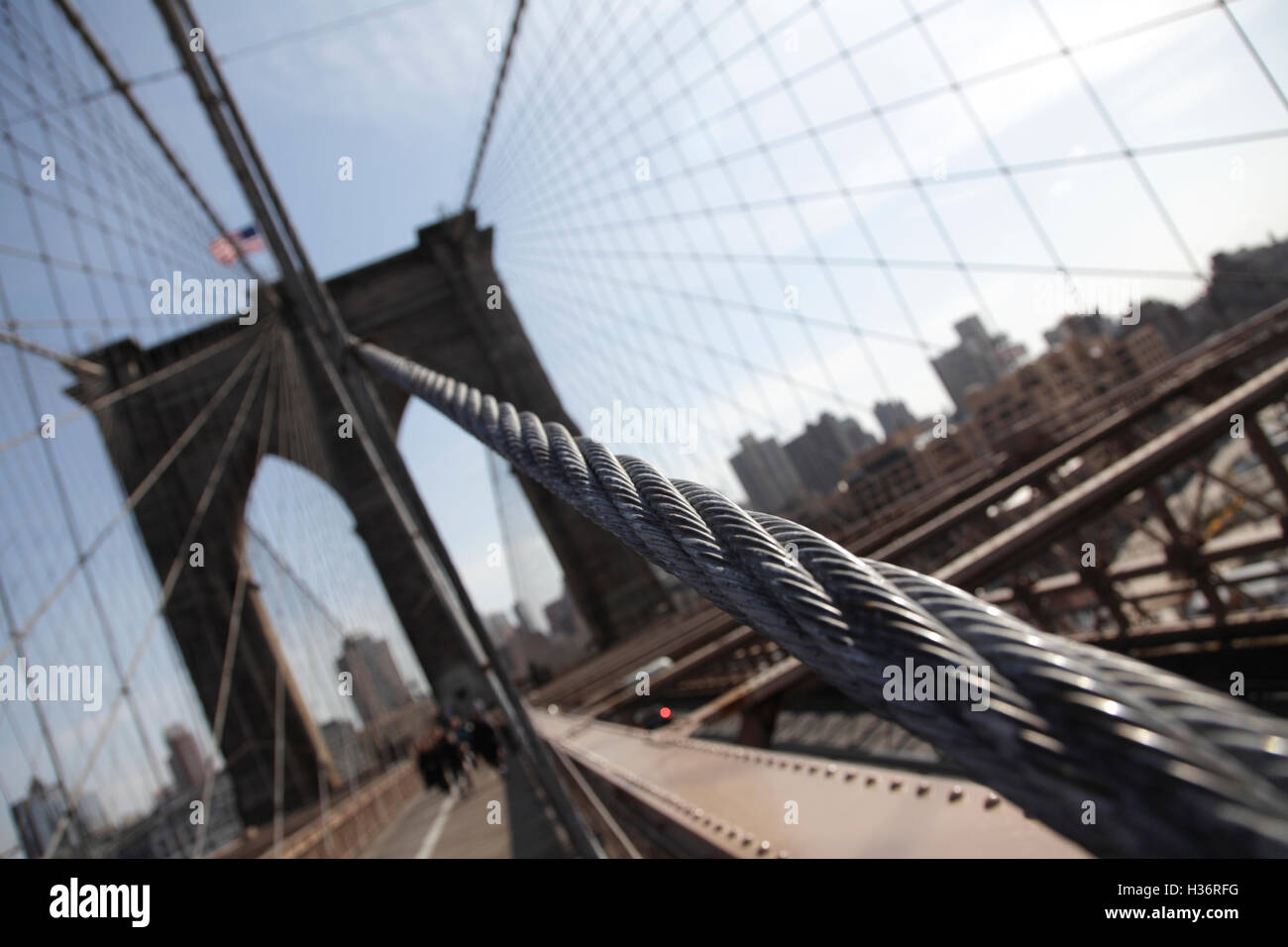 Suspension steel cables of Brooklyn Bridge with the Neo-Gothic bridge ...