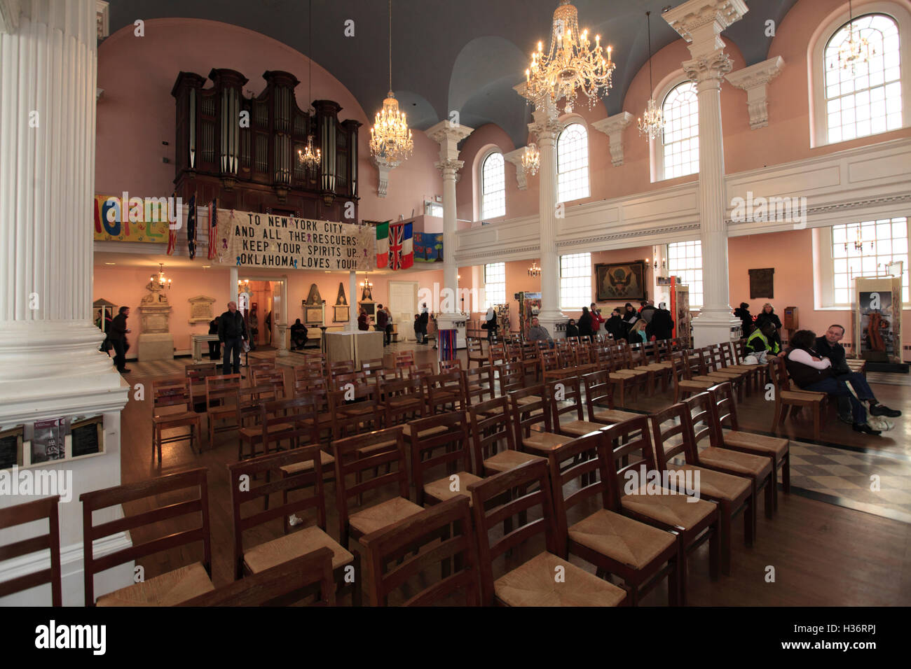 The interior view of historical St. Paul's Chapel with the memorial of ...