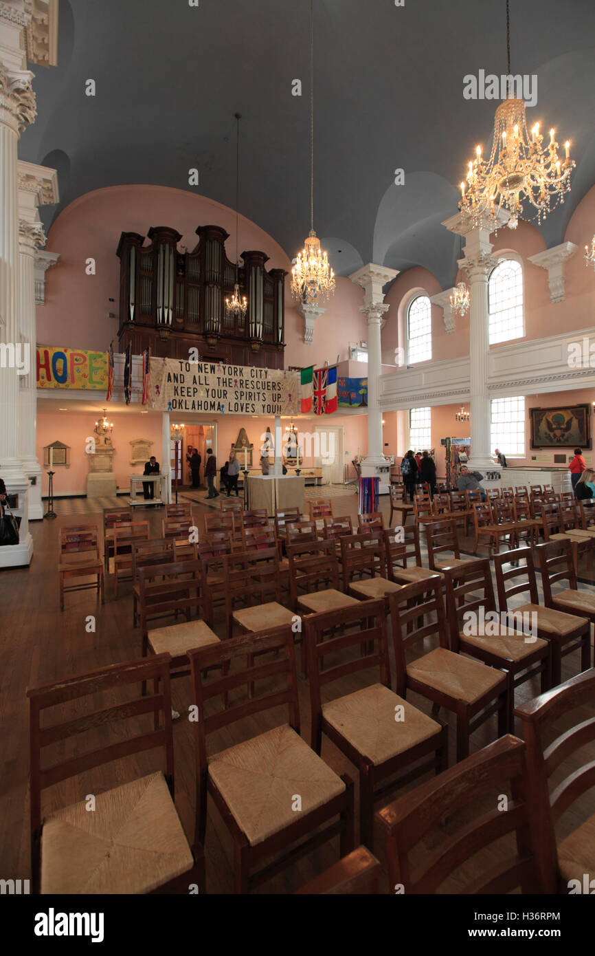 The interior view of historical St. Paul's Chapel with the memorial of ...