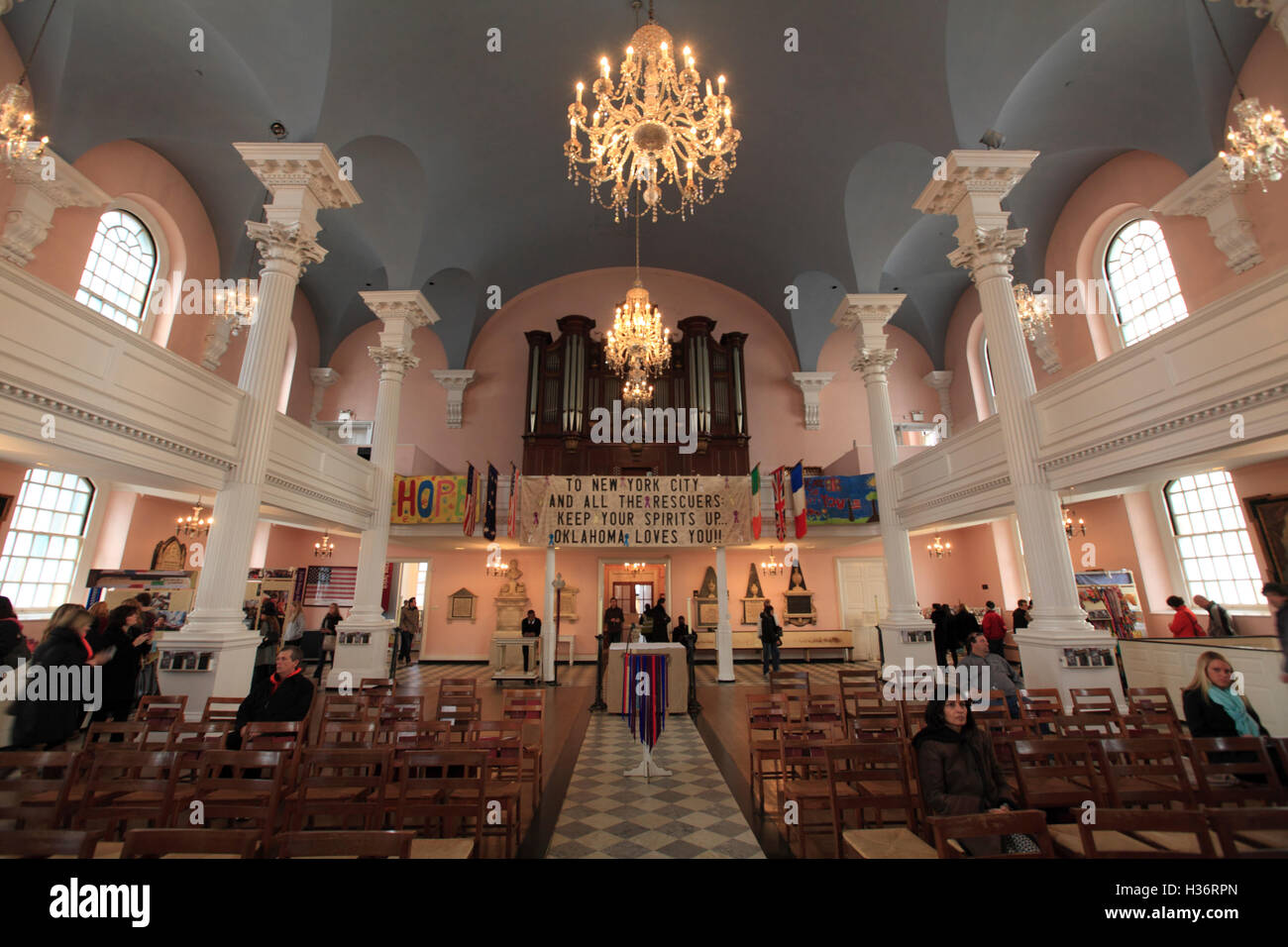 The interior view of historical St. Paul's Chapel with the memorial of ...