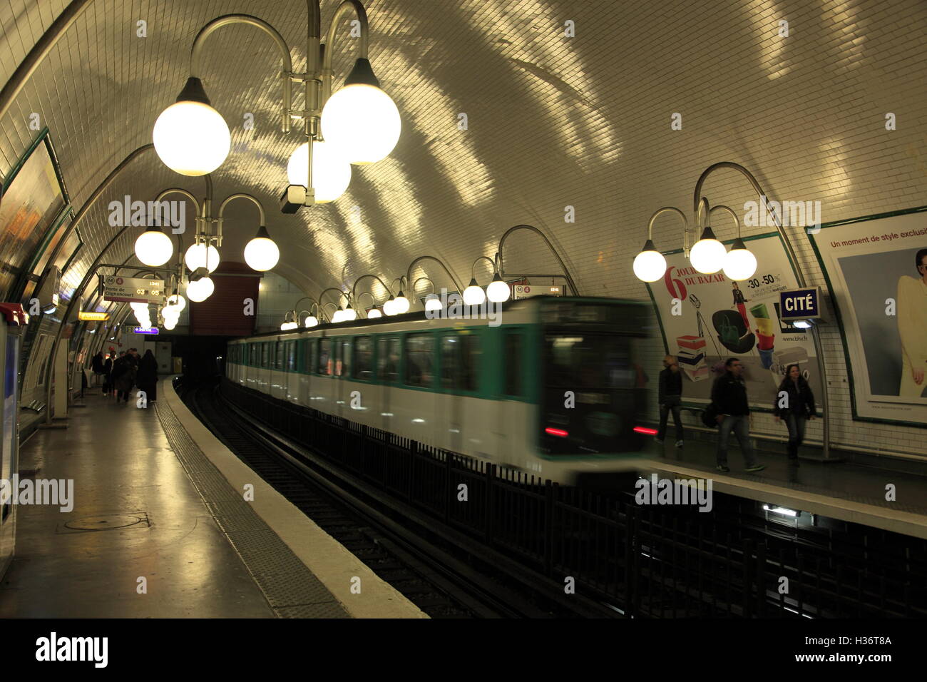 The interior view of Paris Metro No.4 line at Cite Station Paris ...