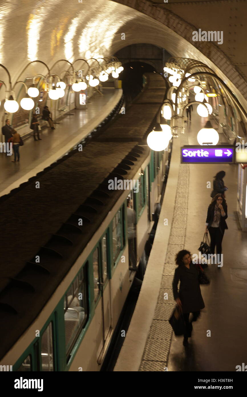 The interior view of Paris Metro No.4 line at Cite Station Paris ...
