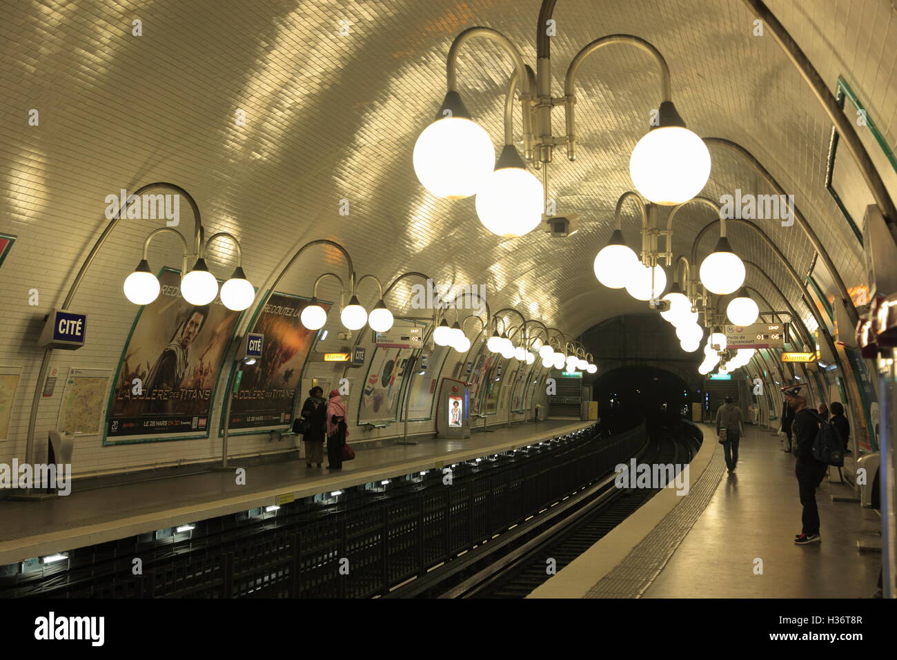The interior view of Paris Metro No.4 line at Cite Station Paris ...