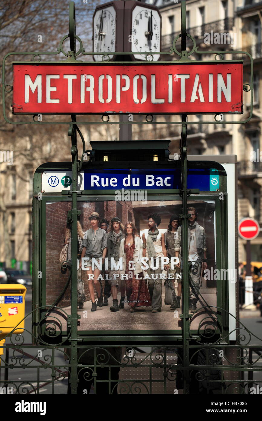 An art nouveau metro sign over the metro entrance of Rue de Bac.Paris ...