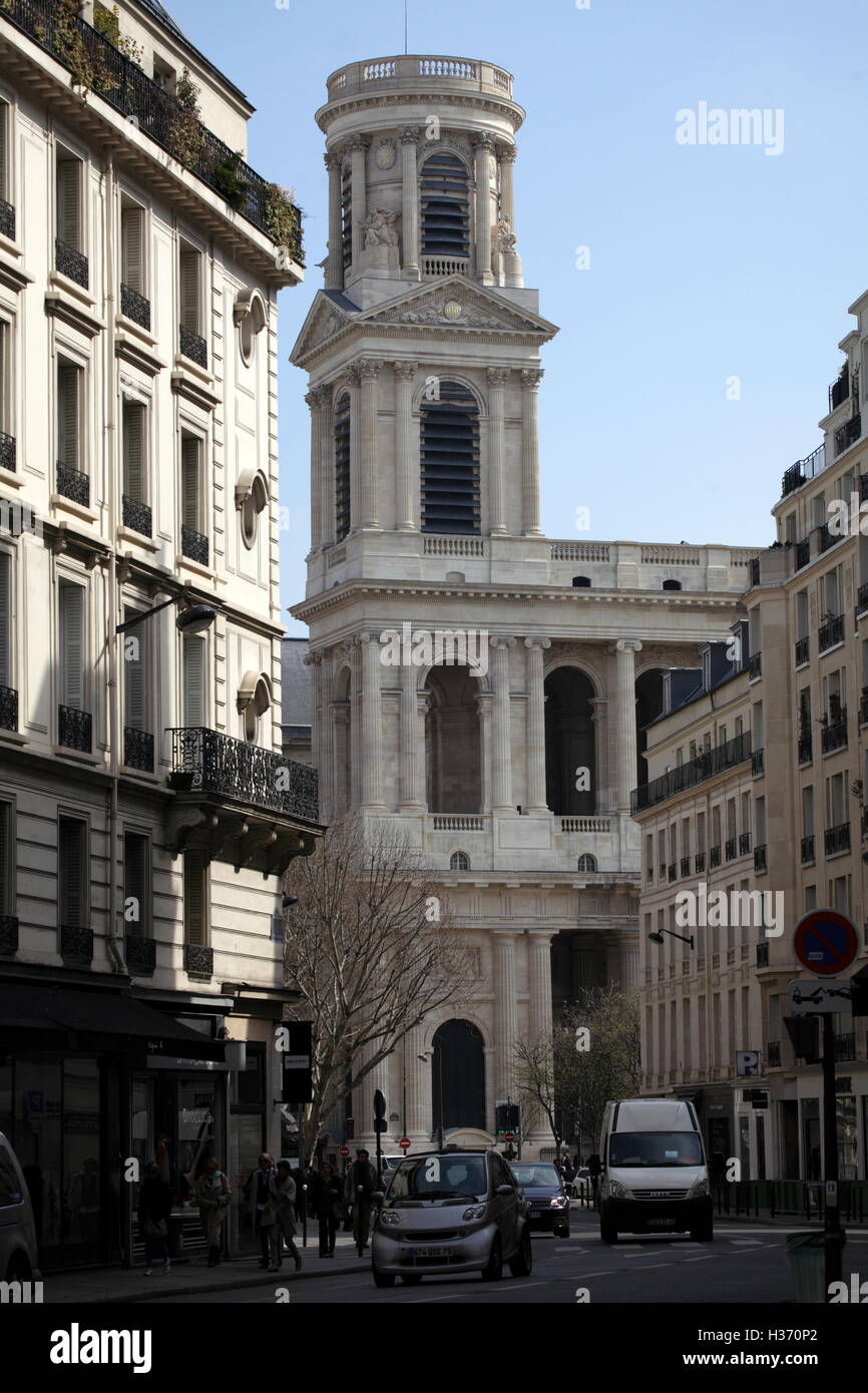 Apartment buildings with the bell tower of Eglise Saint-Sulpice (St ...