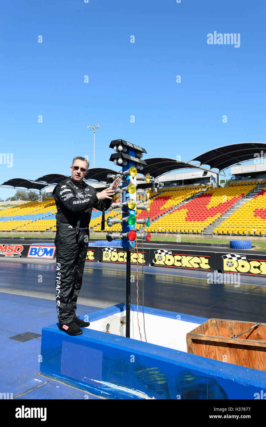 Dragster pilot explaining the starting light tree, Sydney Dragway ...