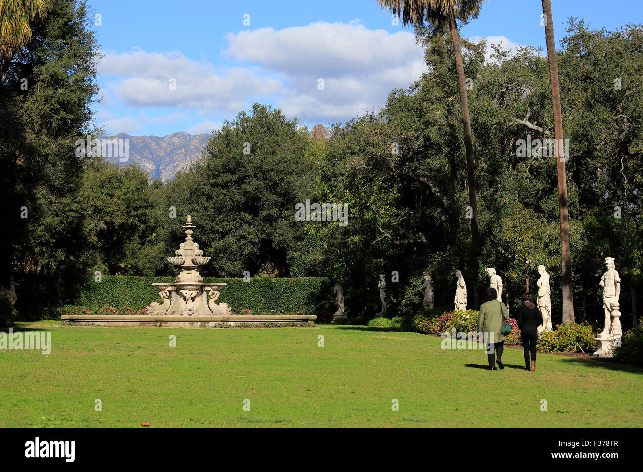 North Vista lawn with 18th century Italian sculptures and fountain in ...