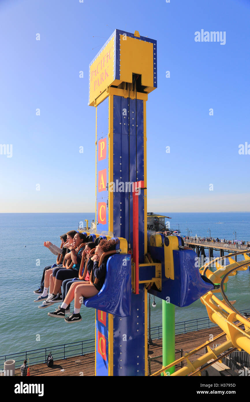 Pacific Plunge drop tower with roller coaster in Pacific Park in Santa ...