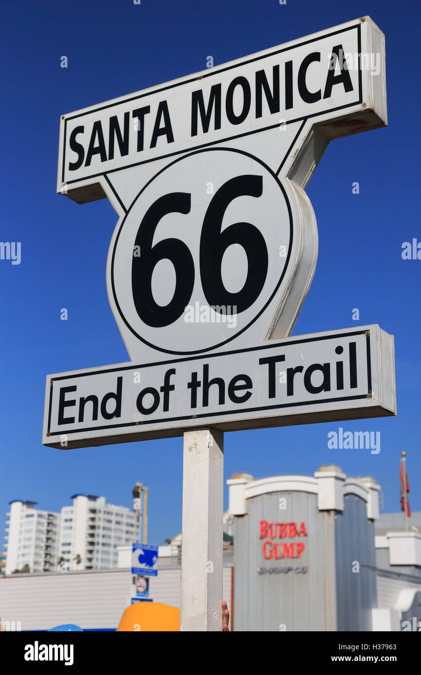 The sign marking the End of the historic route 66 at Santa Monica Pier ...