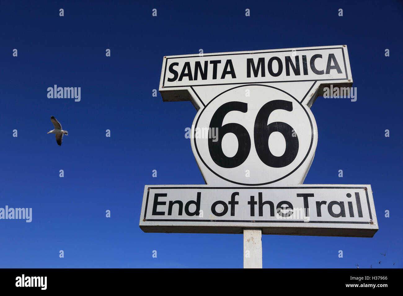 The sign marking the End of the historic route 66 at Santa Monica Pier ...