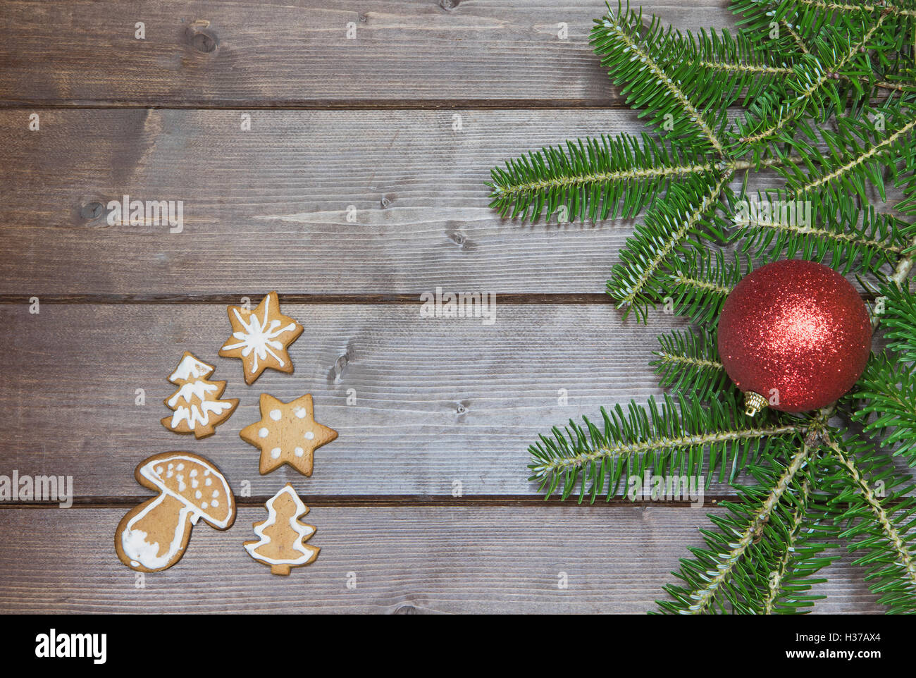 Aerial view of the branches of a Christmas tree with red Christmas ...