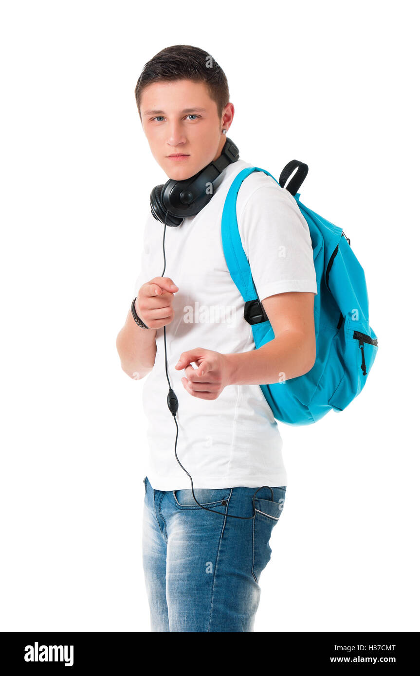 Student boy with headphones Stock Photo - Alamy