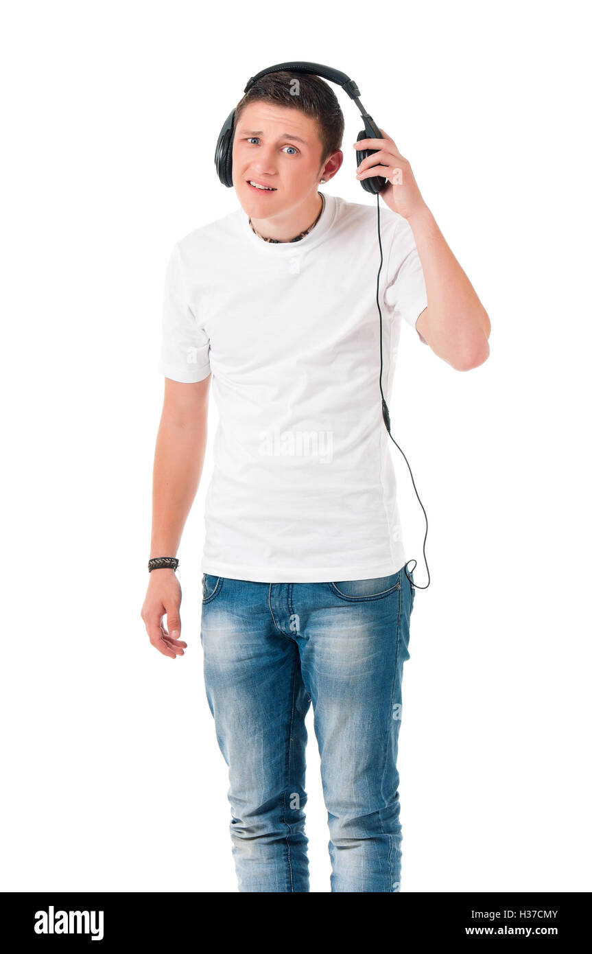 Student boy with headphones Stock Photo - Alamy