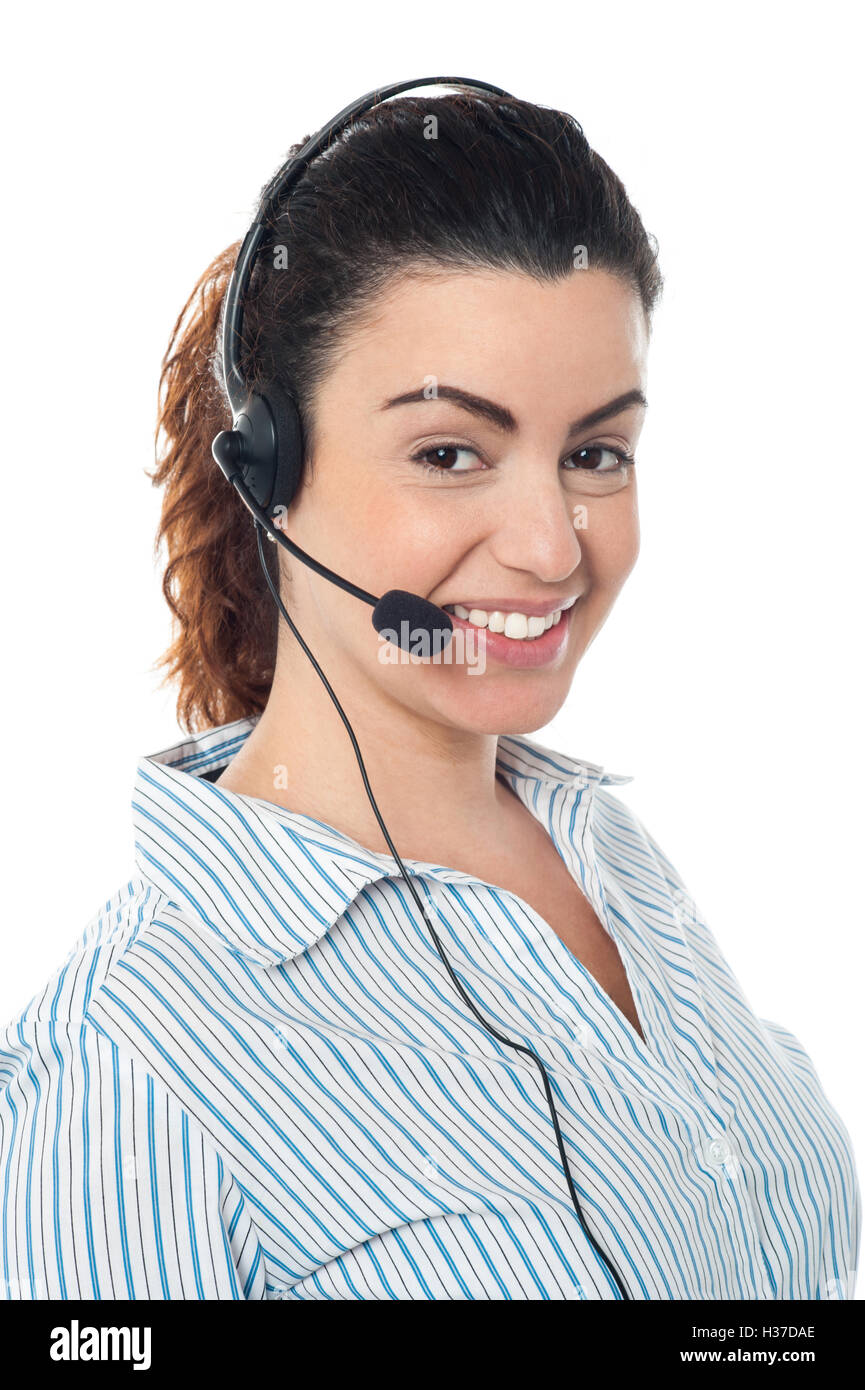 Cheerful female telecaller wearing headset hi-res stock photography and ...