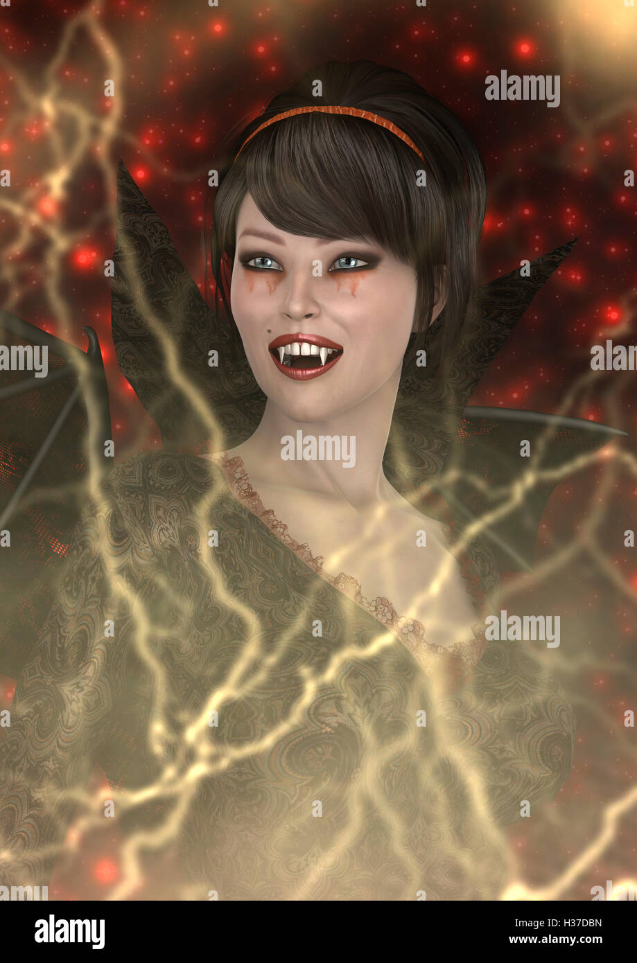 3D rendering of a beautiful lady vamp on red background with stars and ...