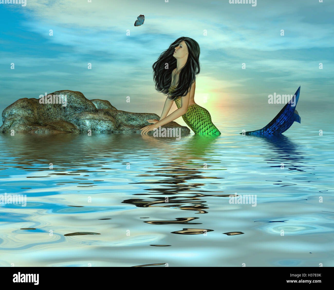 Mermaid And The Butterfly Stock Photo - Alamy