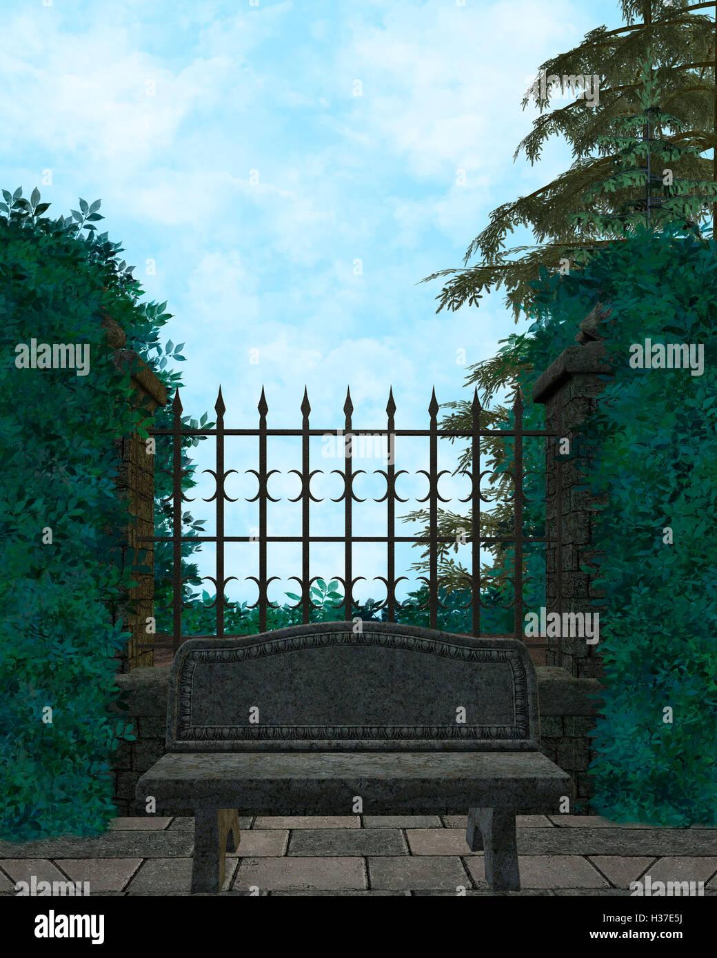 Outdoor Forest Background With A Bench Stock Photo - Alamy