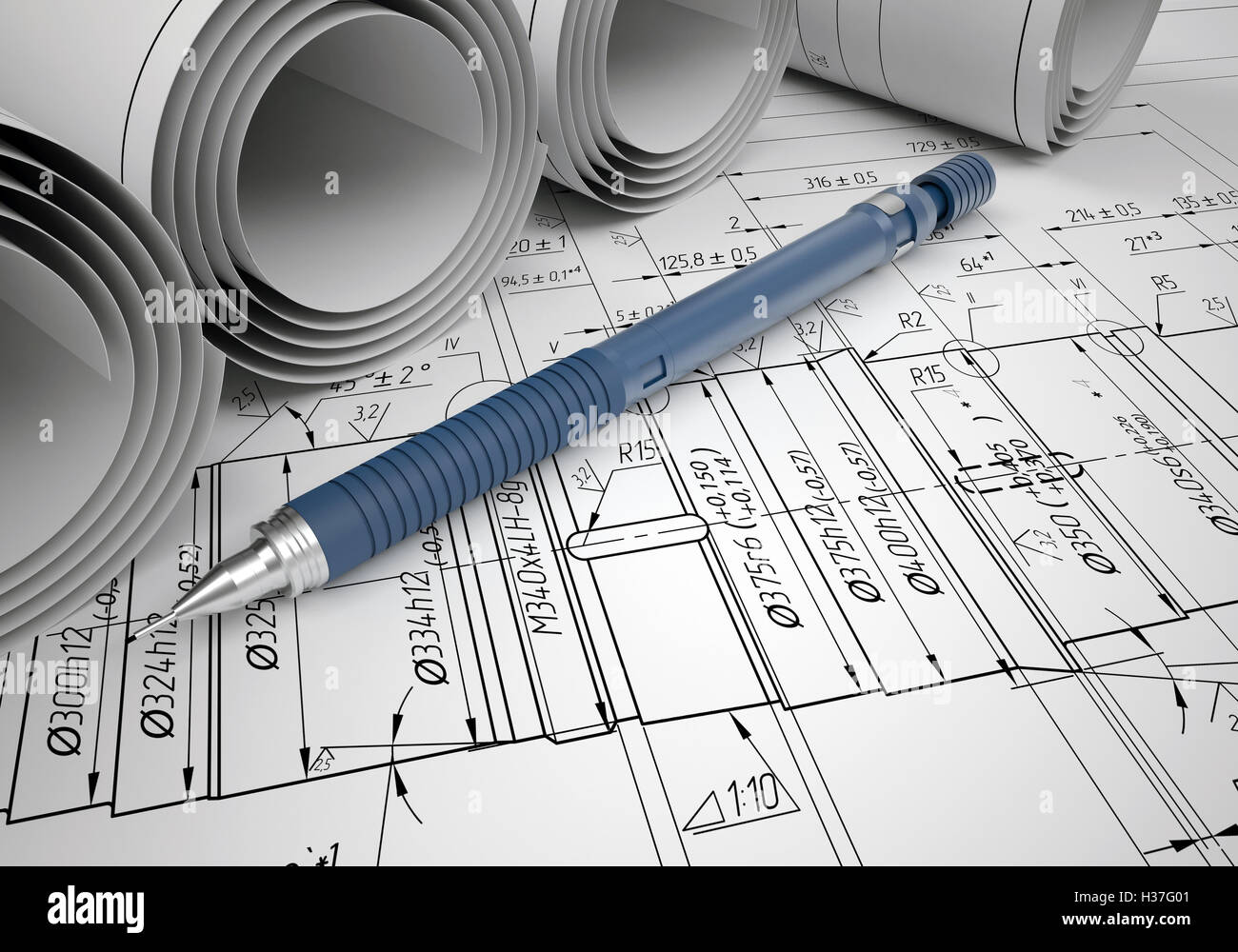 Scrolls engineering drawings and automatic pencil Stock Photo - Alamy