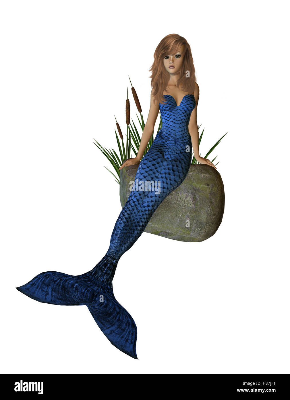 Blue Mermaid Sitting On A Rock Stock Photo - Alamy