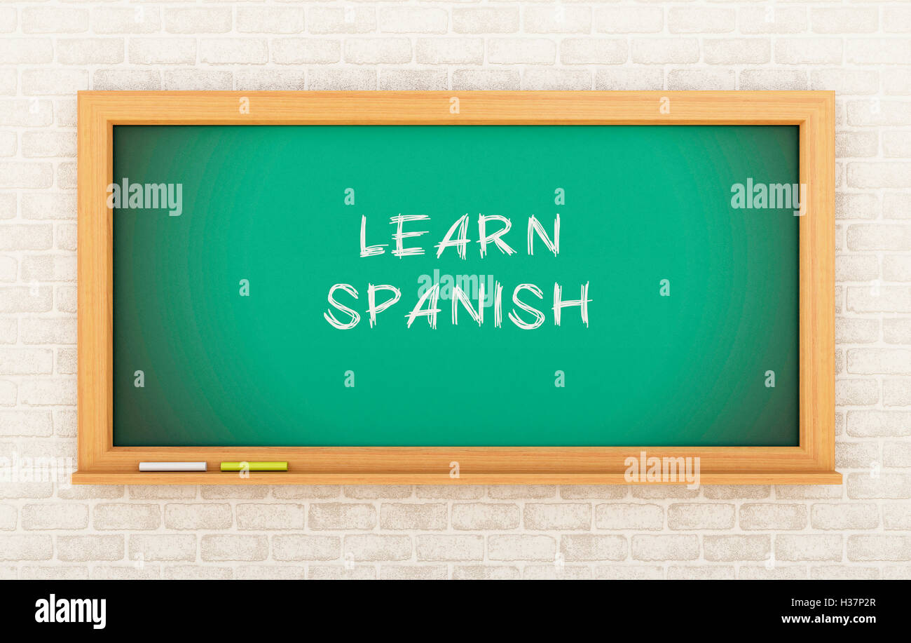 3D Illustration. Chalkboard with learn Spanish. Education concept Stock ...