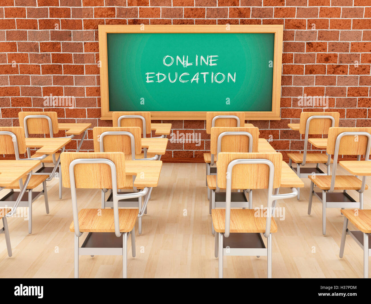 3d renderer image. Empty classroom and chalkboard with online education ...