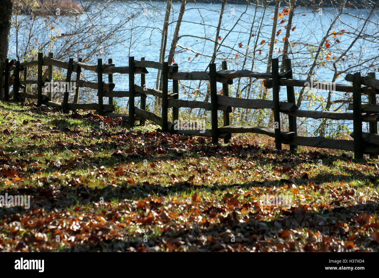 Wooden fence bordering a river, in autumn Stock Photo - Alamy
