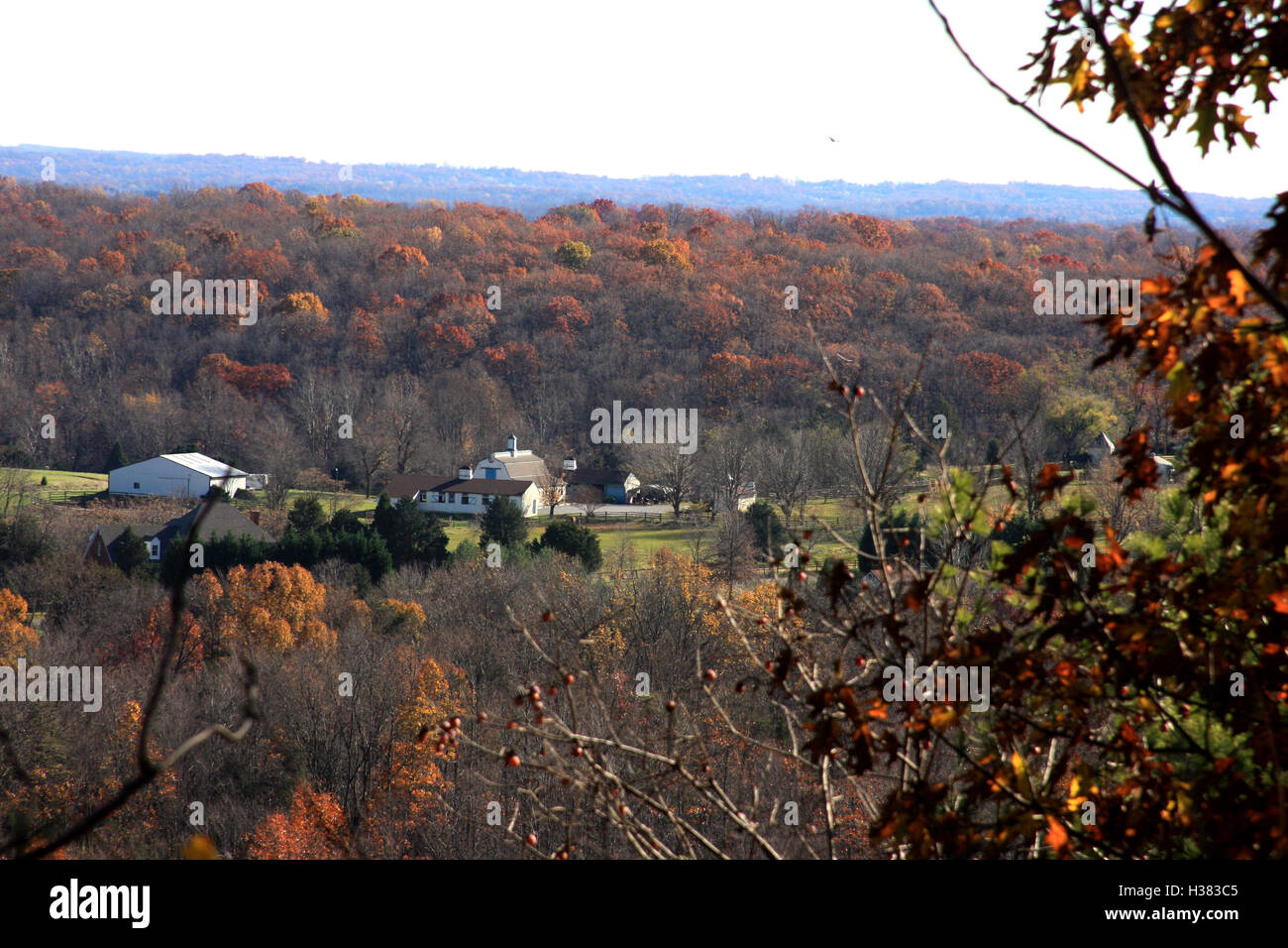 Virginia, USA. Landscape with houses, hills and woods in autumn colors ...