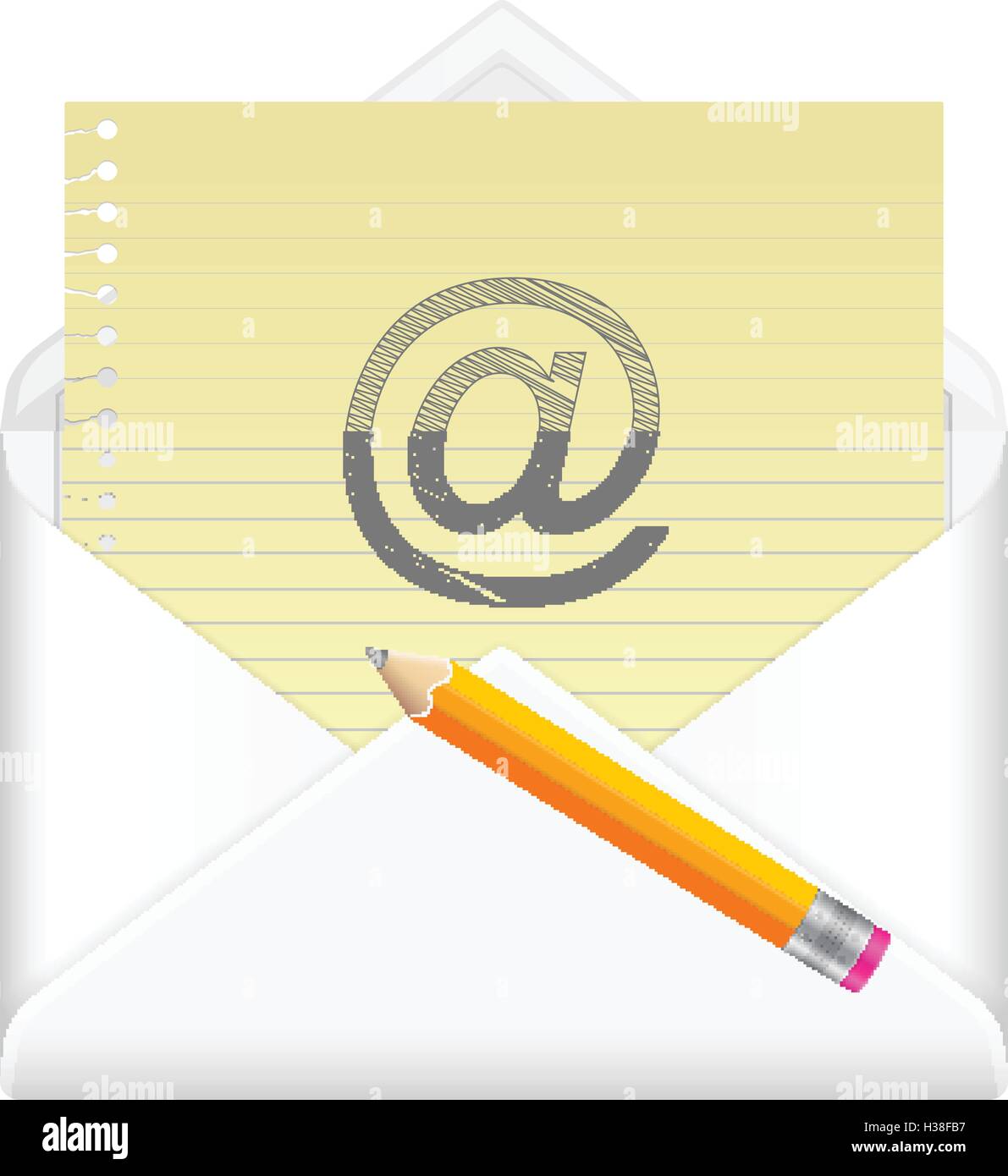 Envelope, notebook sheet, pencil and symbol on a white background Stock ...