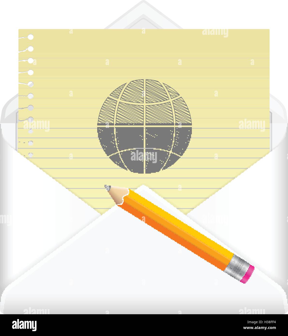 Envelope, notebook sheet, pencil and symbol on a white background Stock ...