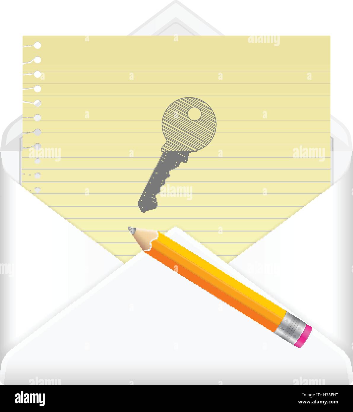 Envelope, notebook sheet, pencil and symbol on a white background Stock ...