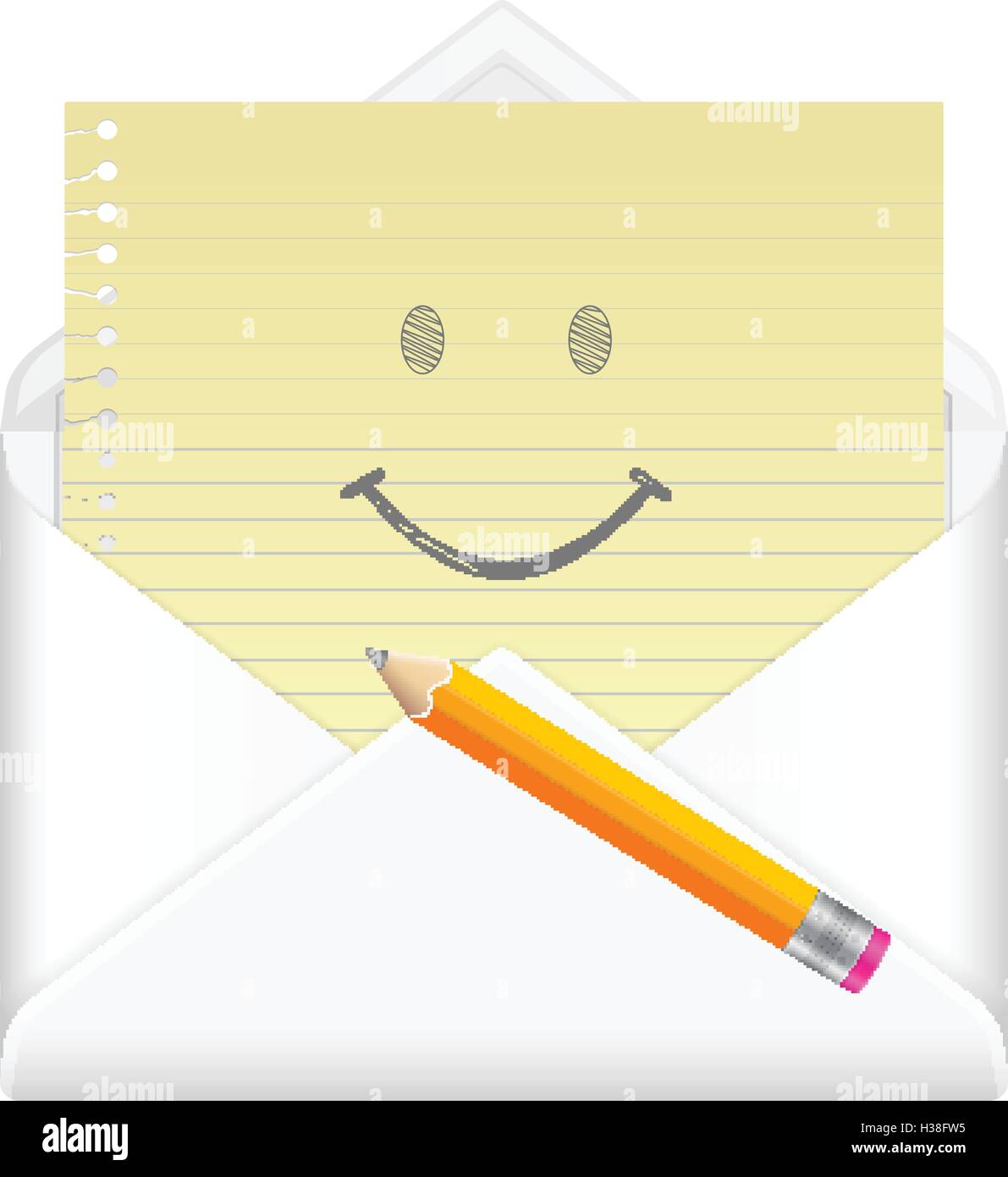 Envelope, notebook sheet, pencil and symbol on a white background Stock ...