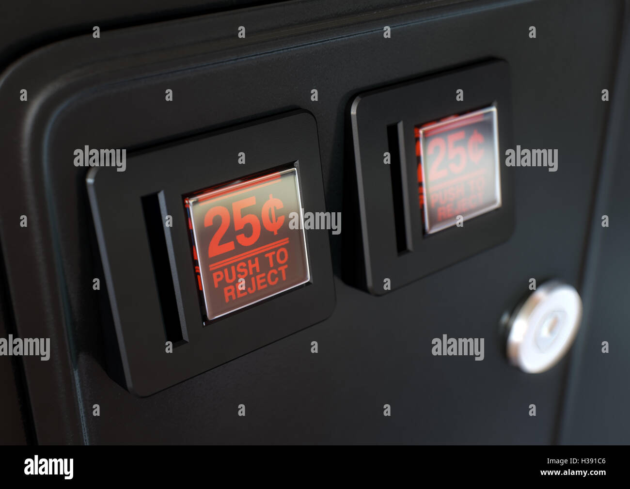 A 3D render of a closeup of a coin slot panel from a vintage arcade ...