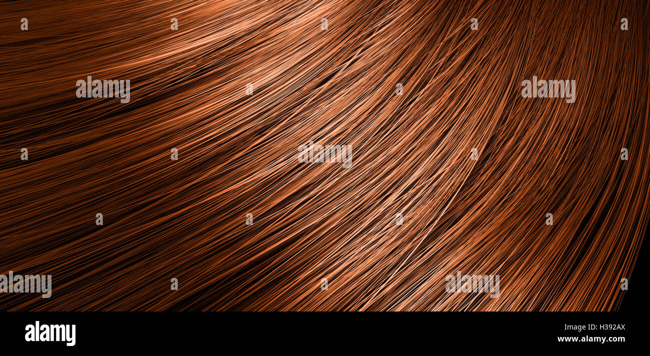 A 3D render of a closeup view of a bunch of shiny straight ginger hair ...