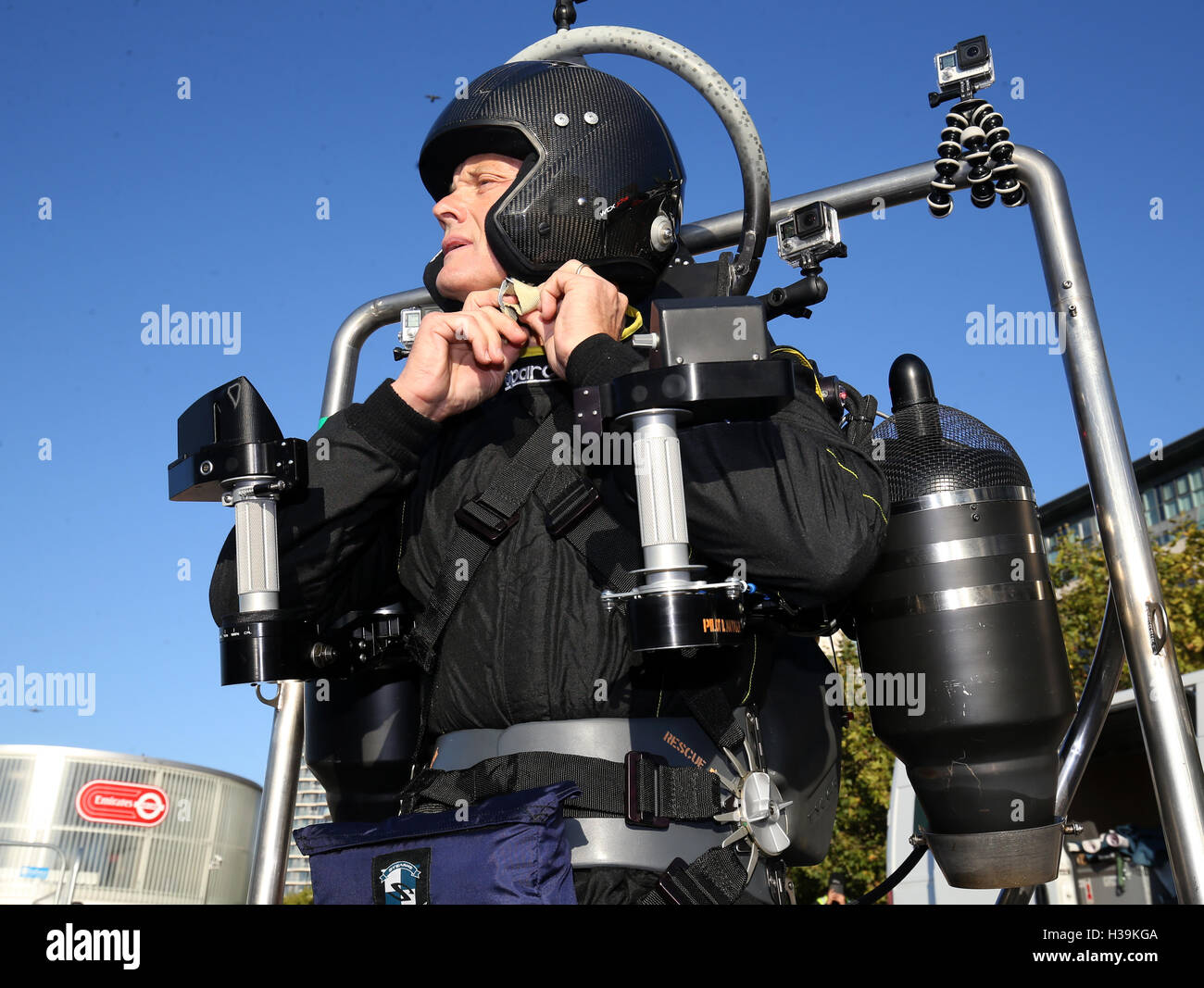 David Mayman, is strapped into the JB-10 Jetpack flying machine as he ...