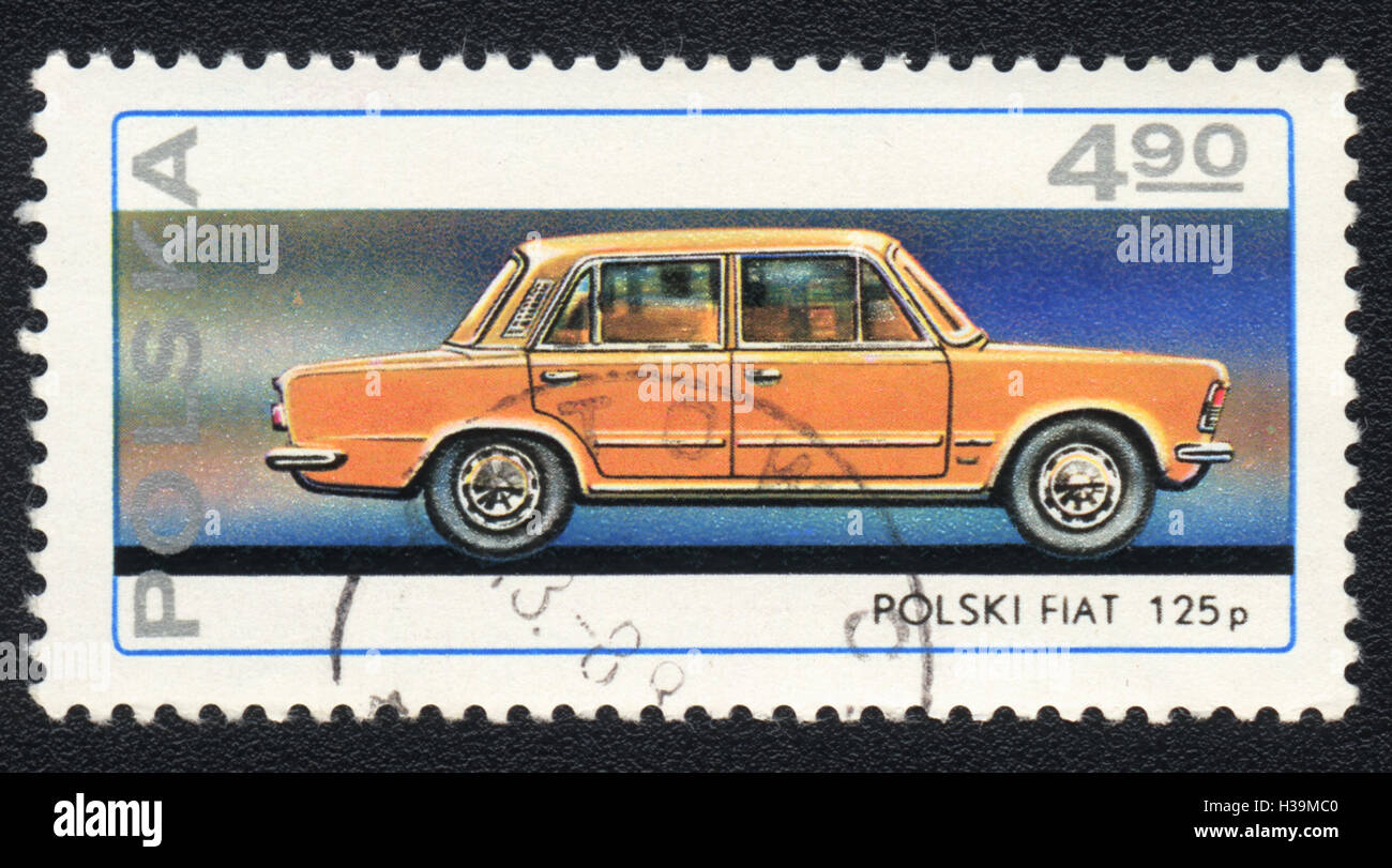 A postage stamp printed in Poland in 1988, shows Polish Fiat 125p ...