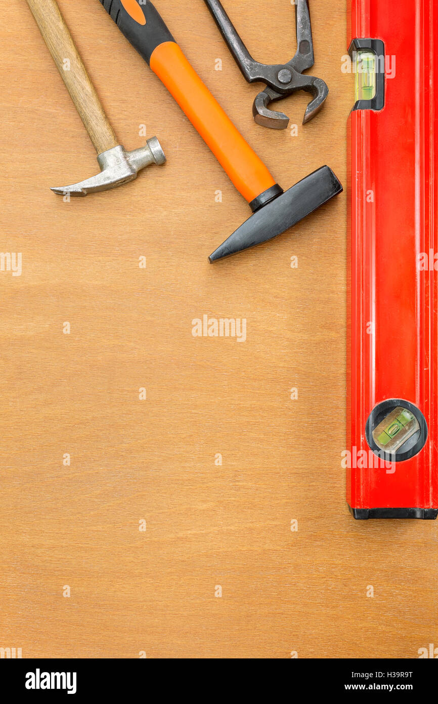 Hand tools on wooden background with copy space Stock Photo - Alamy