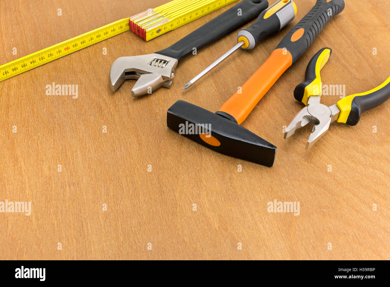 Wood working desk with different hand tools Stock Photo - Alamy