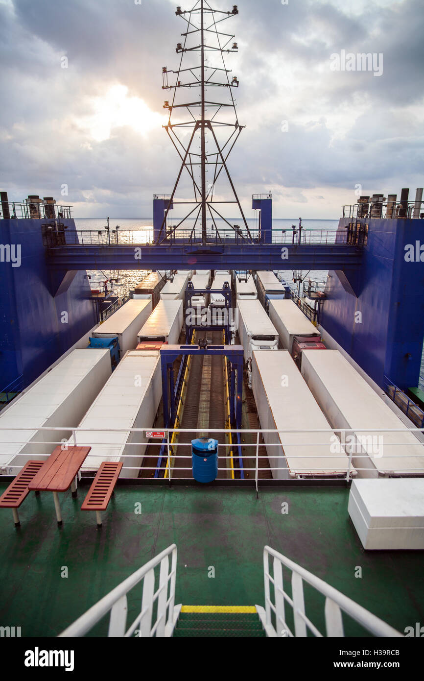 Color image of some trucks loaded on the deck of a ferry boat Stock ...