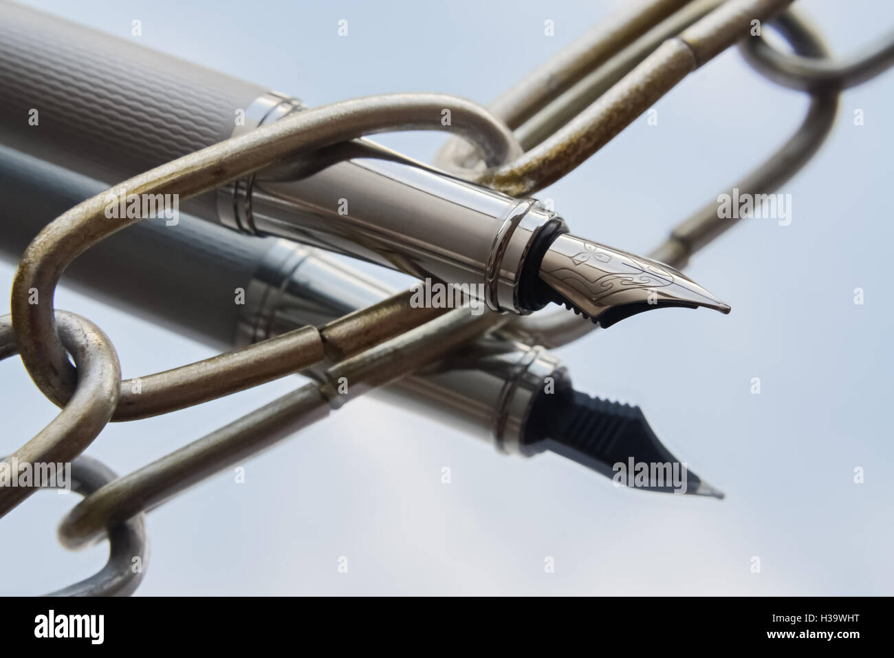 Closeup of a silver fountain pen and a chain Stock Photo - Alamy
