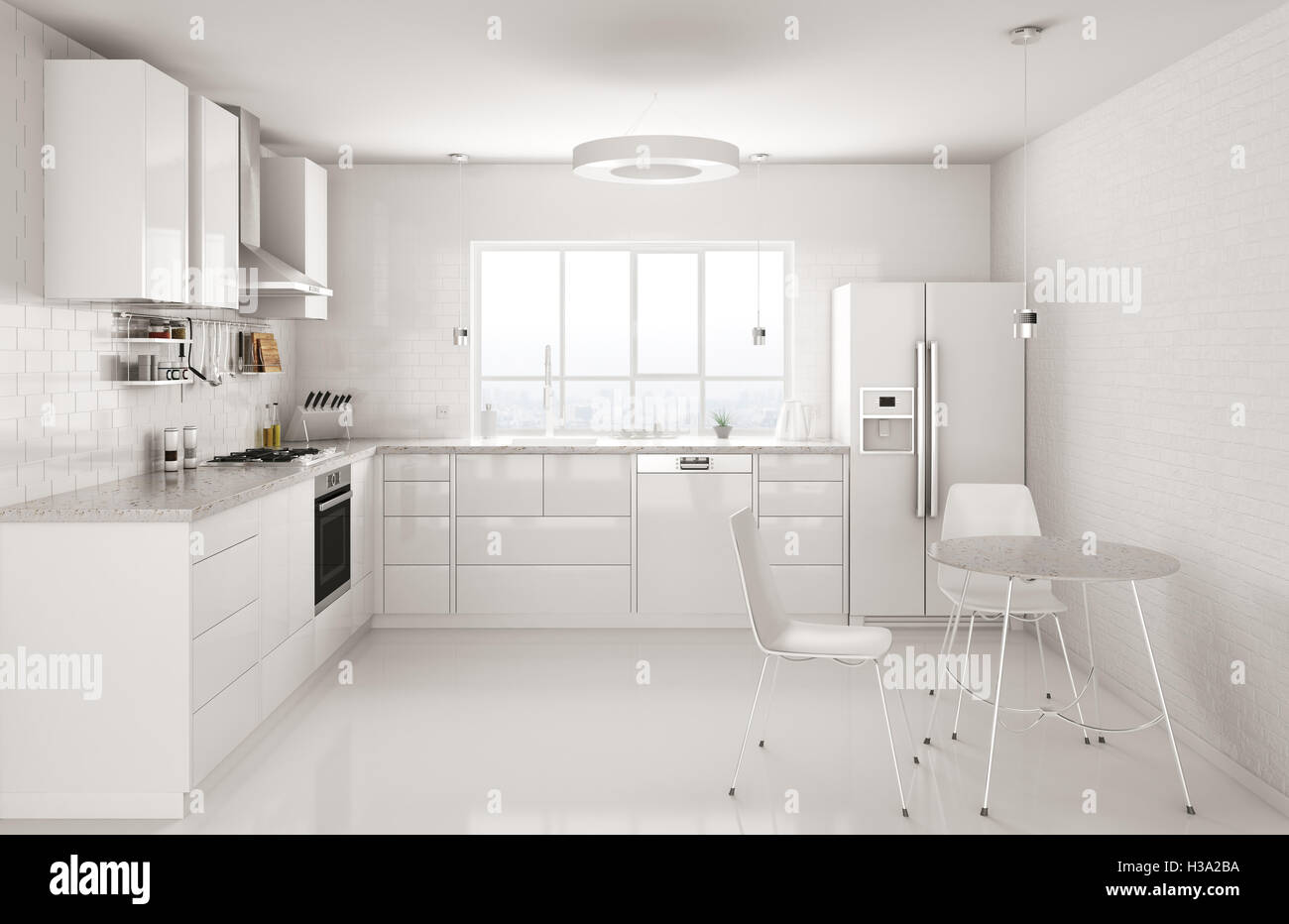 Modern white kitchen, window,table and chairs interior 3d rendering ...