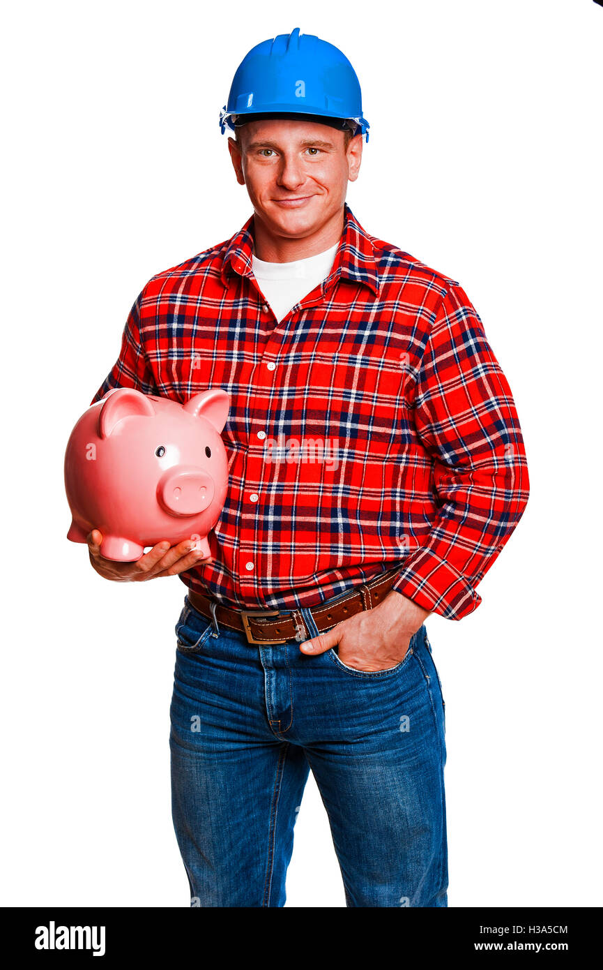 Construction worker with piggy bank Stock Photo - Alamy