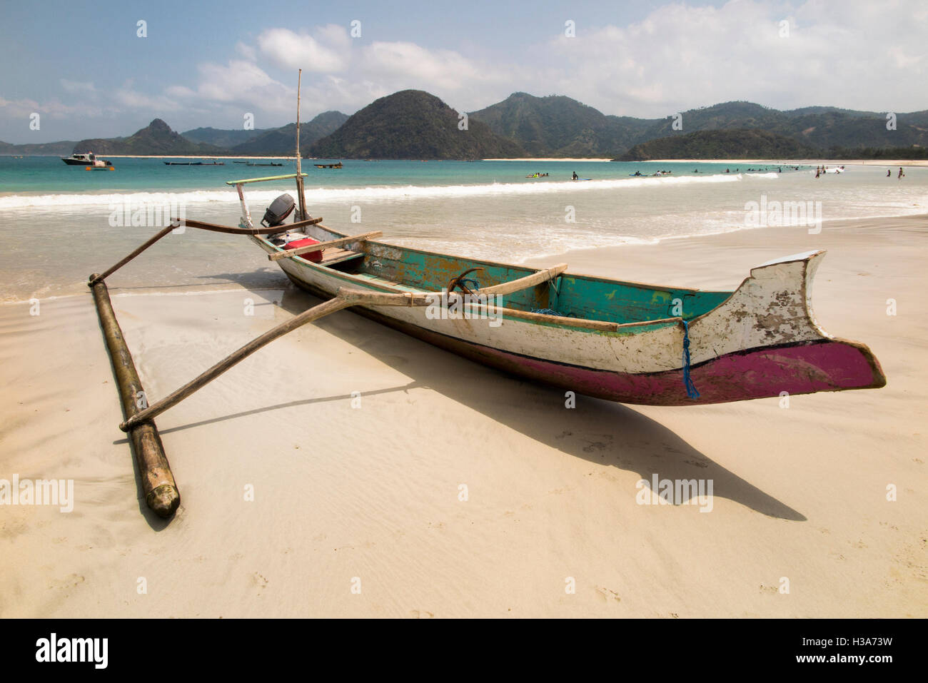 Indonesia, Lombok, Selong Blanak, beach, outrigger fishing boat Stock ...