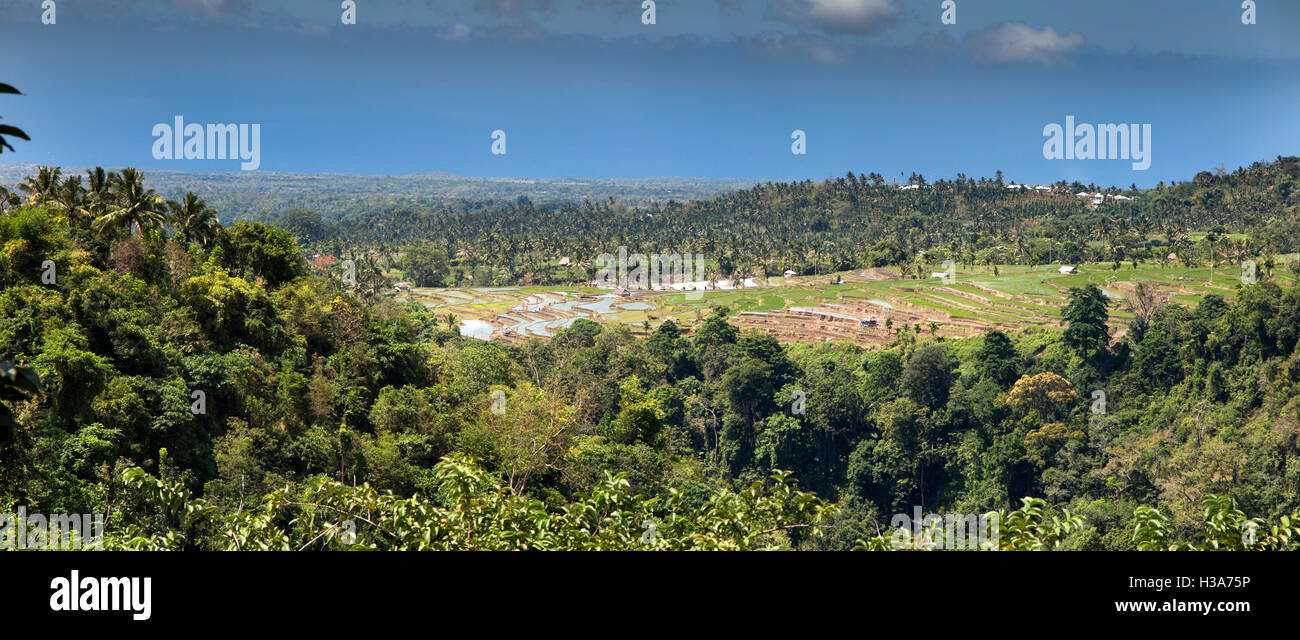 Indonesia, Lombok, Senaru, panoramic view of north coast and irrigated ...