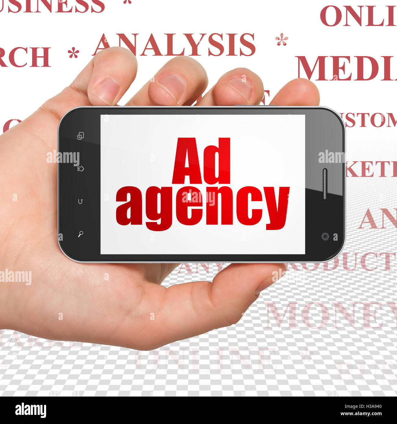 Advertising concept: Hand Holding Smartphone with Ad Agency on display ...
