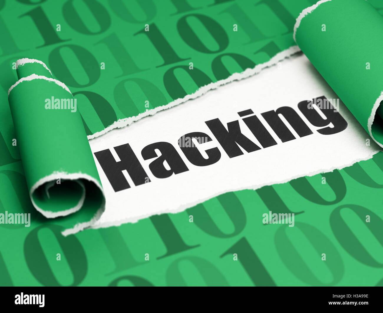 Safety concept: black text Hacking under the piece of torn paper Stock ...