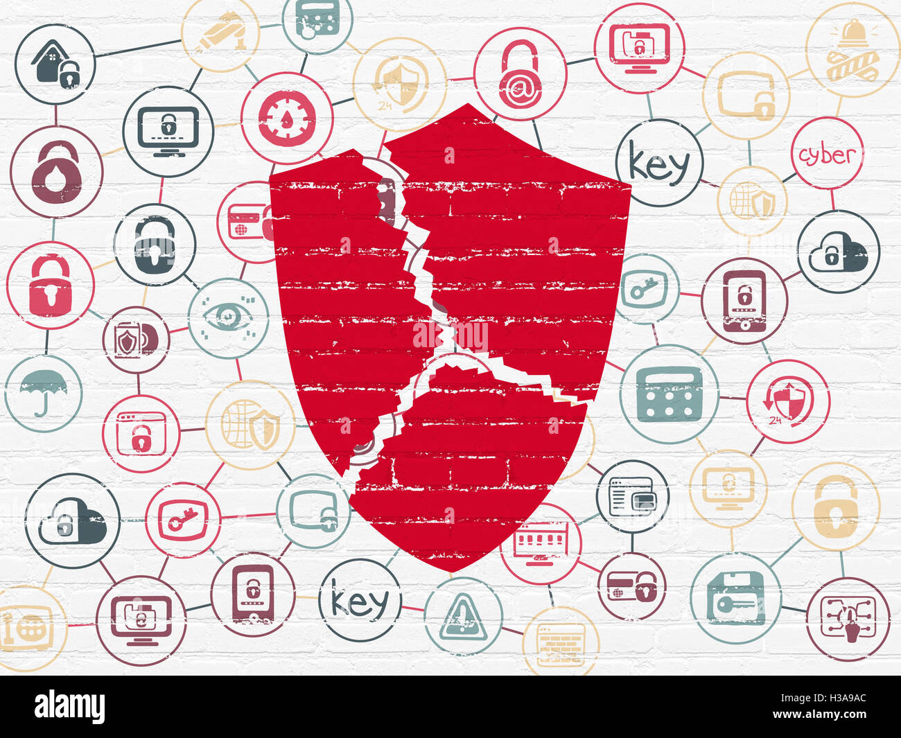 Protection concept: Broken Shield on wall background Stock Photo - Alamy