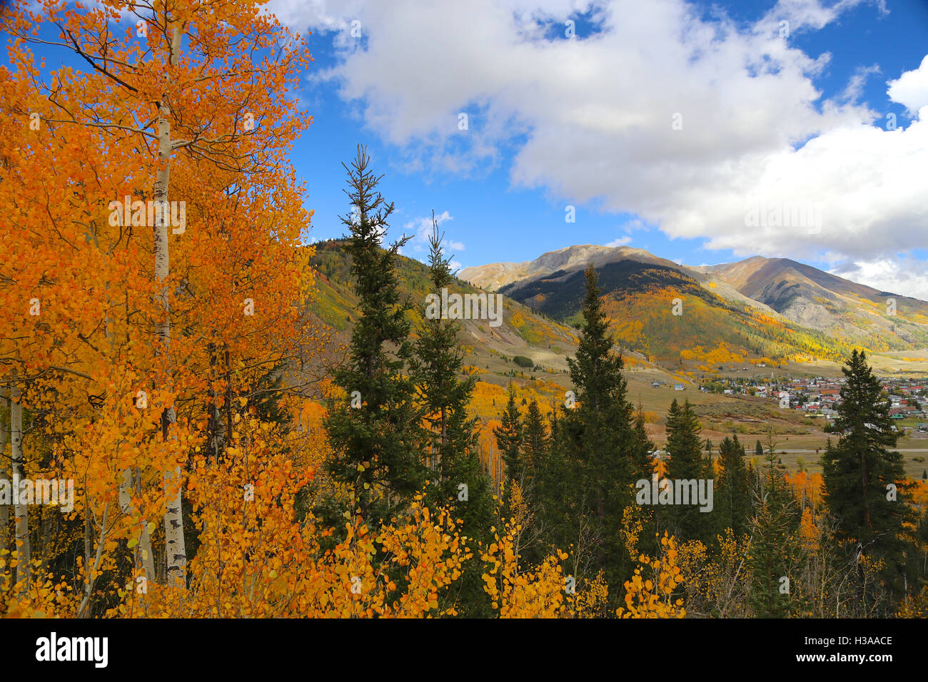 Silverton, Colorado during autumn with fall colors of gold and green ...