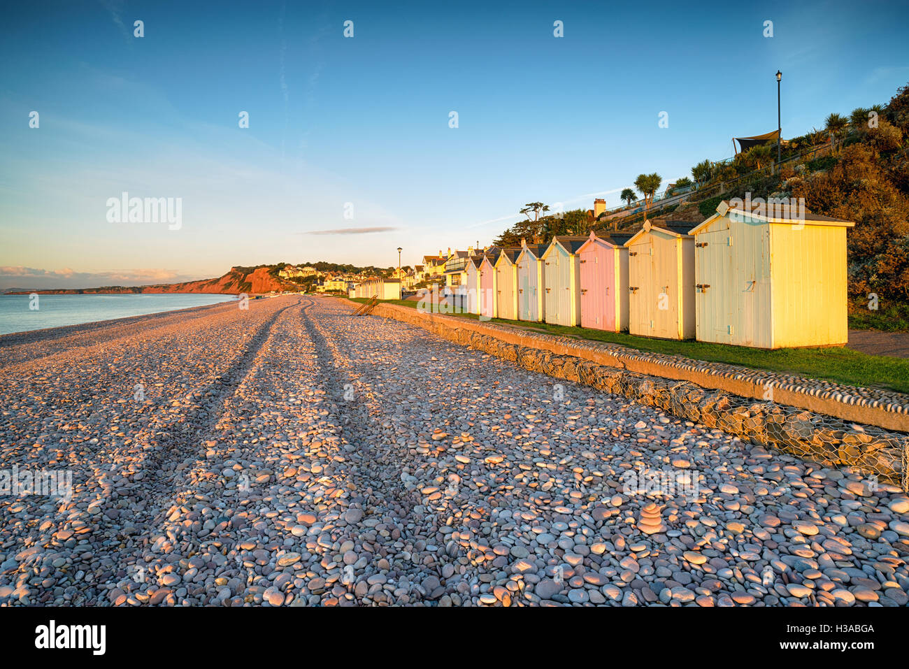 Early morning sunshine on the beach at Budleigh Salterton on Devon's ...