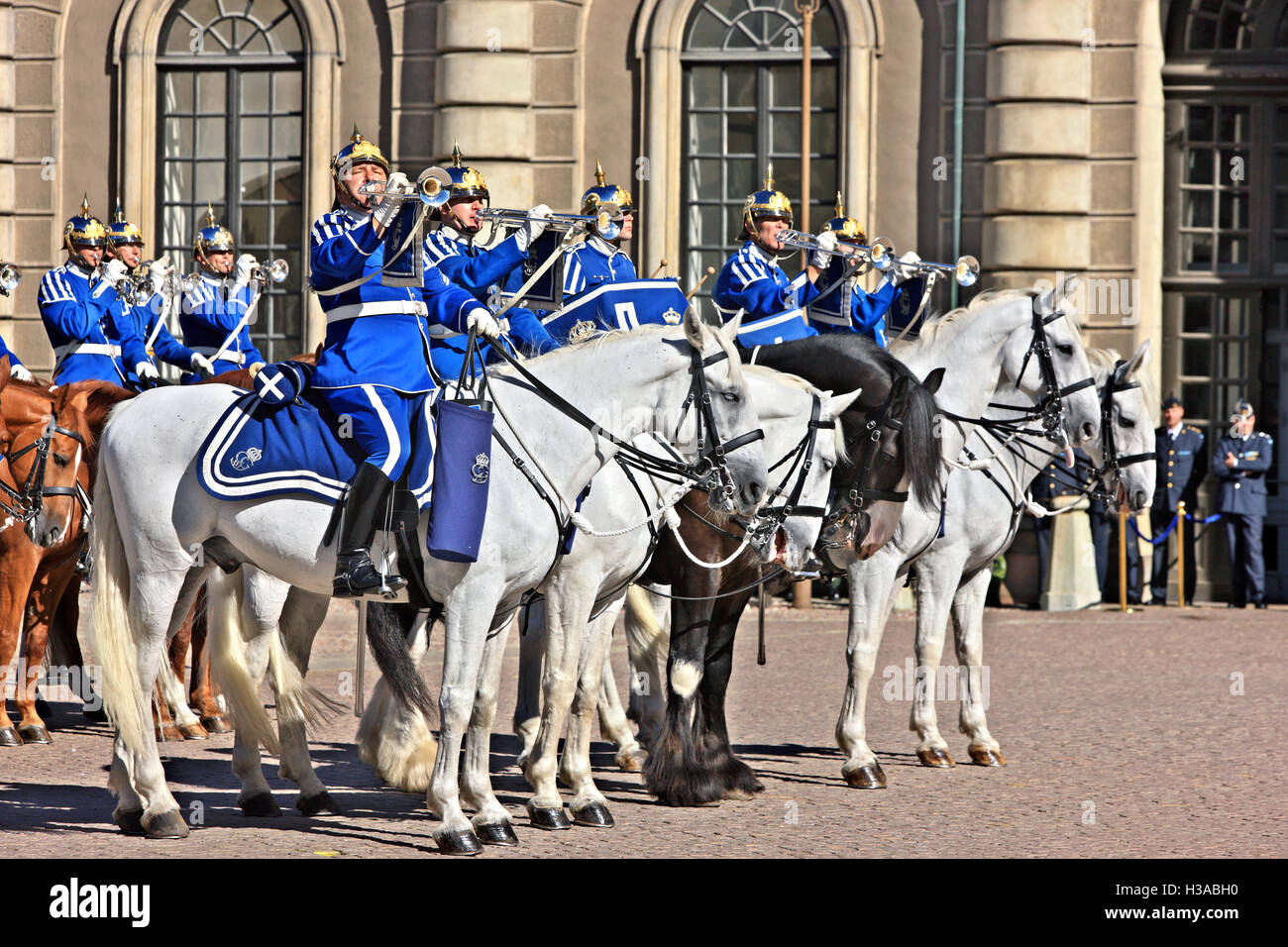 The horse- mounted Swedish Royal band performing at the Royal Palace ...